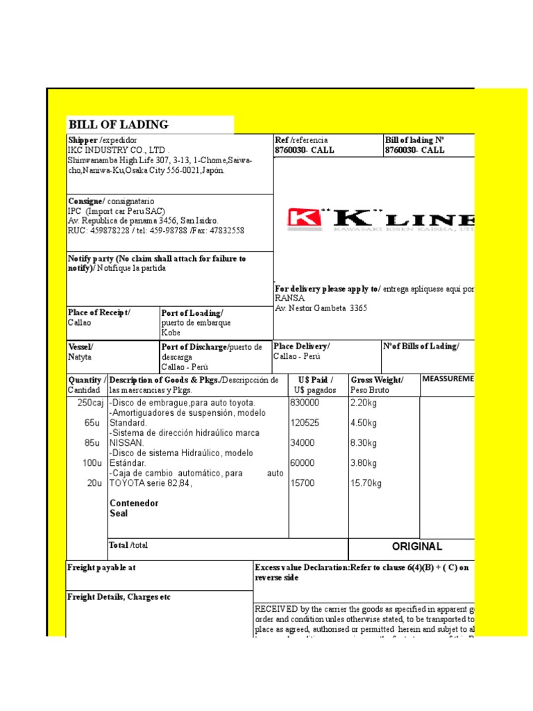 Modelo de Bill of Lading-2022 | PDF | Cargo | Bill Of Lading