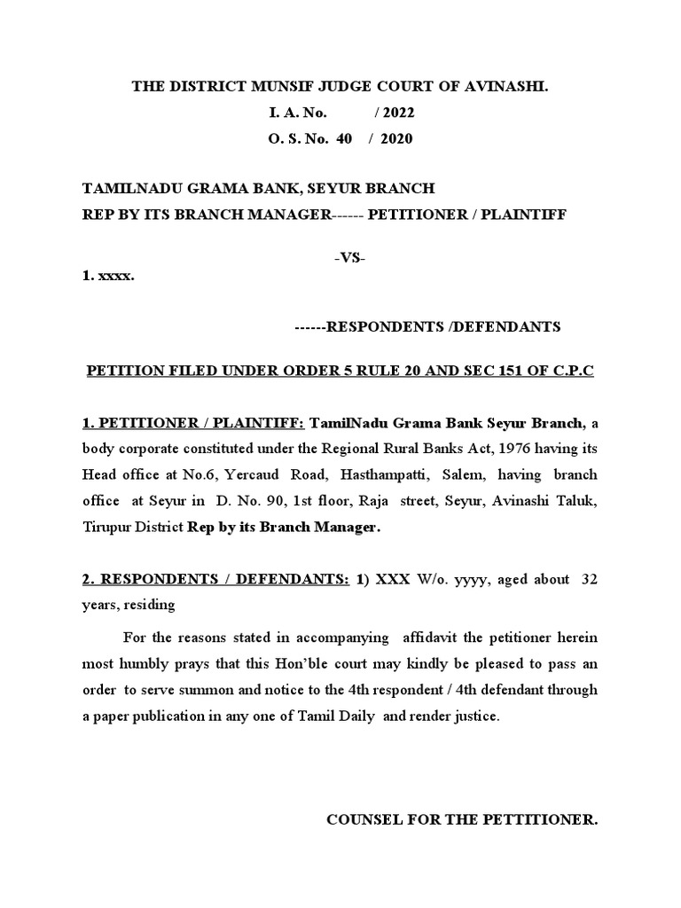 Petition Filed Under Order 5 Rule 20 and Sec 151 of C.P.C | PDF Petition Filed Under Order 5 Rule 20 and Sec 151 of C.P.C | PDF