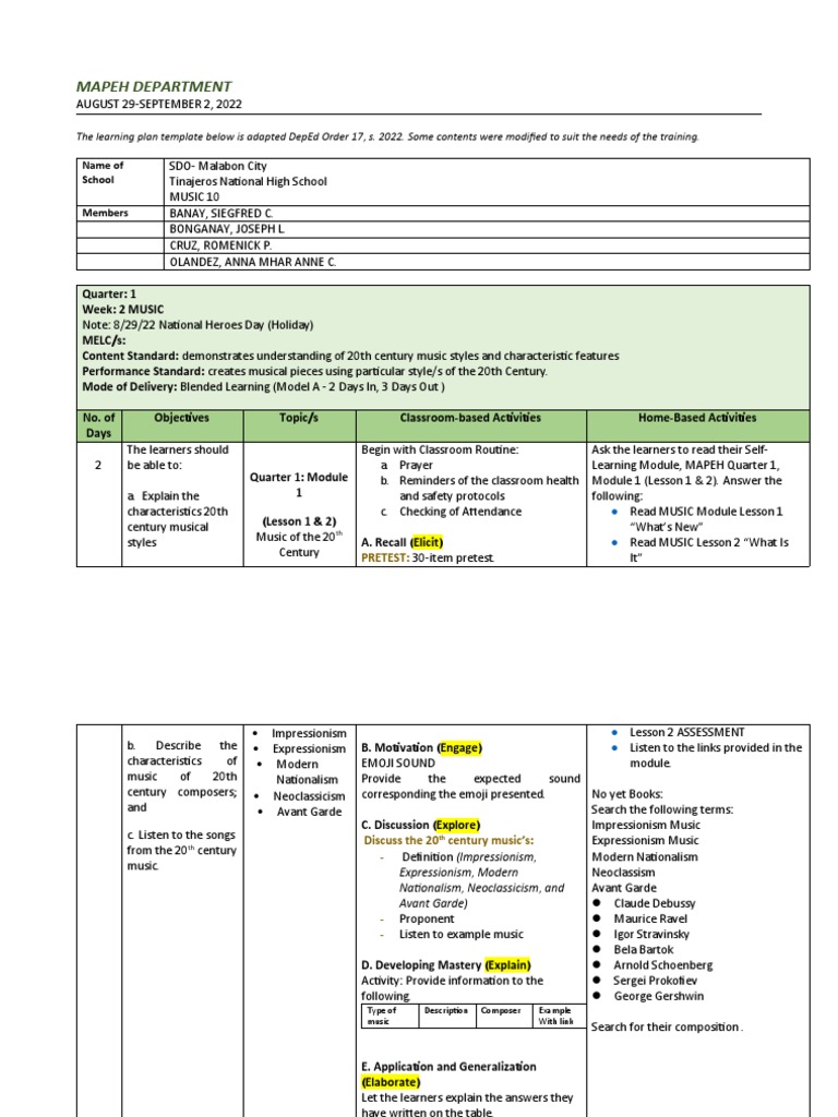 g10 Lesson Plan Music q1 w1 | PDF | Cognitive Science | Behavior Modification