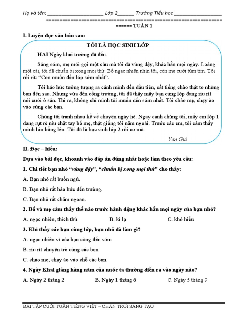 Phieu Bai Tap Cuoi Tuan Lop 2 Mon Tieng Viet Chan Troi Sang Tao | PDF