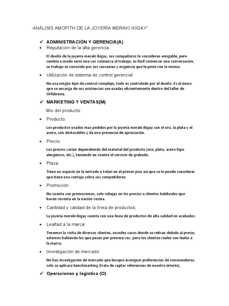 Análisis amofith de la joyería MERAKI IKIGAY | PDF | Business | Calidad ...