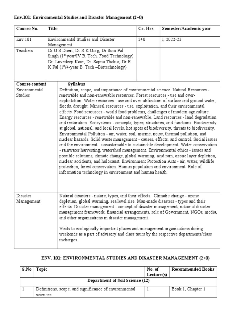 Course Outline - Env 101 | PDF | Natural Environment | Pollution