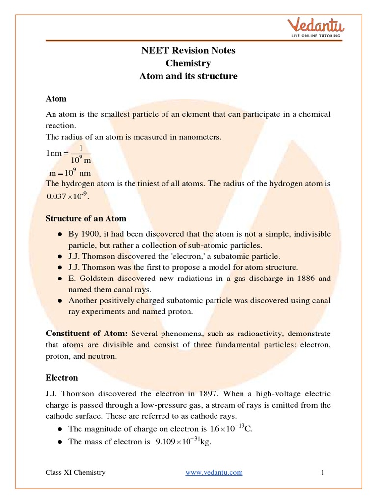 Atom and Its Structure Class 11 Notes NEET Chemistry (PDF) | PDF ...