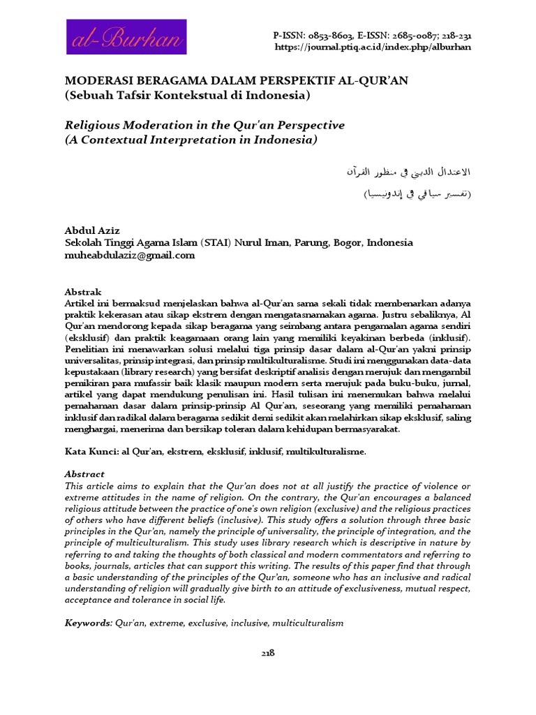 Moderasi Beragama Dalam Perspektif Al-Qur'an, Sebuah Tafsir Kontekstual Di Indonesia - Abdul ...