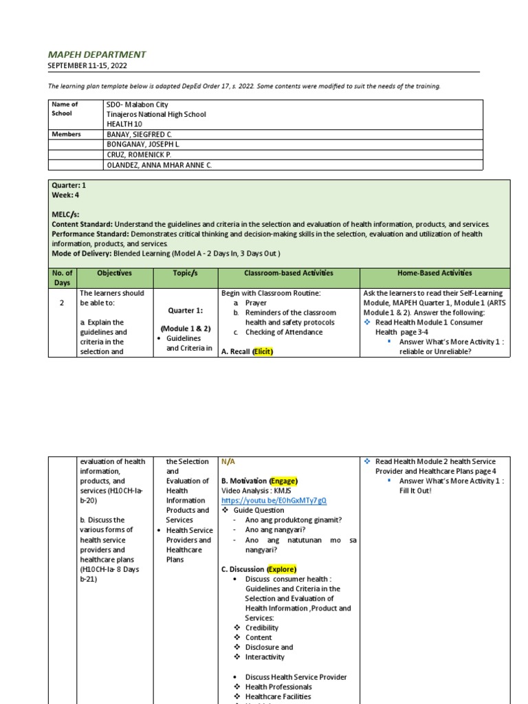 g10 Lesson Plan Health q1 w5 | PDF | Cognition | Learning