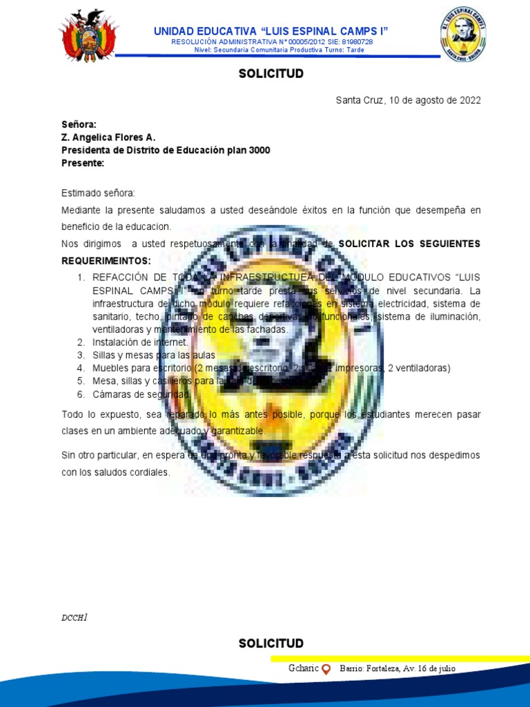 Solicitud de mejoras en la infraestructura y equipamiento de un módulo ...