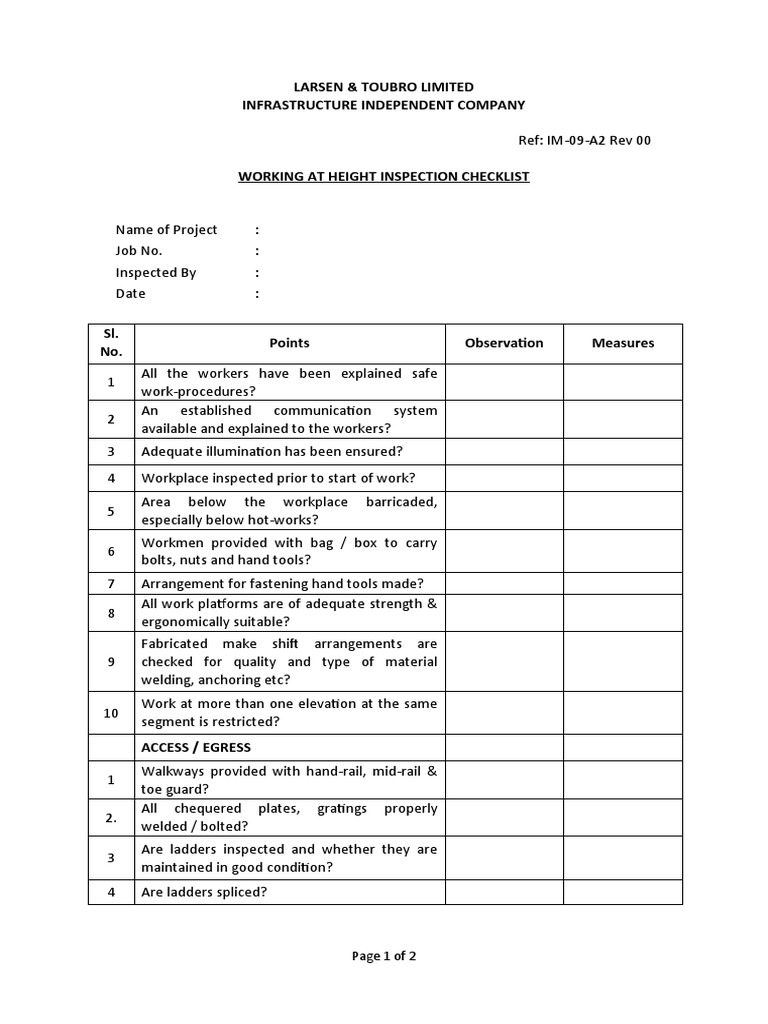 IM-09-A2 Working at Height Checklist | PDF | Stairs | Ladder