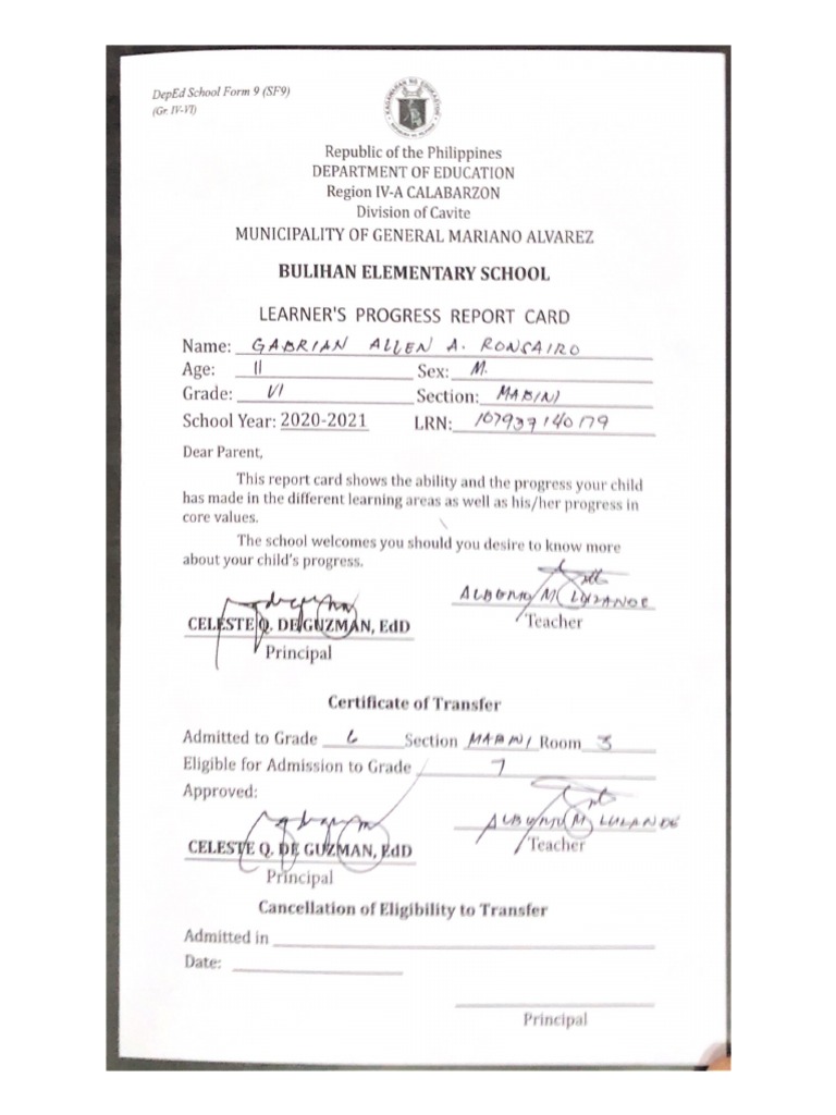 DepEd School Form 9 (SF9) | PDF