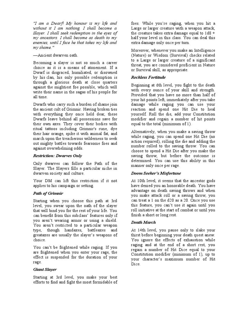 Barbarian Path of The Slayer Homebrew V 4.4 | PDF | Dwarf (Dungeons ...