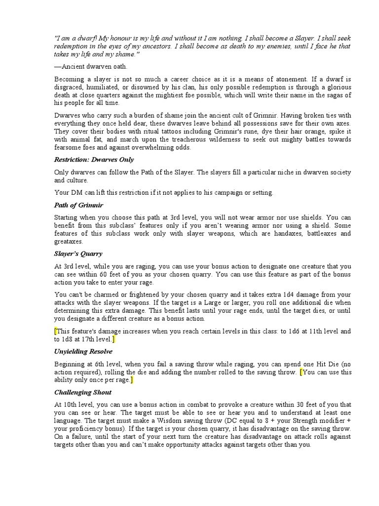 Barbarian Path of The Slayer Homebrew V 5 | PDF | Dwarf (Dungeons ...