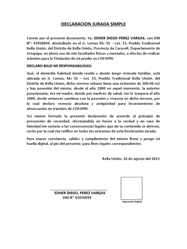 Declaracion Jurada Simple | PDF