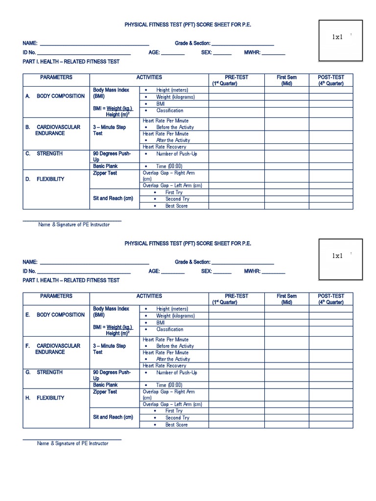 PHYSICAL FITNESS TEST PFT SCORE SHEET FO-revised | PDF | Body Mass ...
