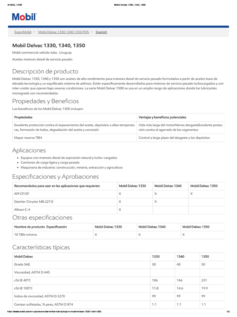 Mobil Delvac 1330, 1340, 1350 | PDF | Exxon Mobil | Petróleo