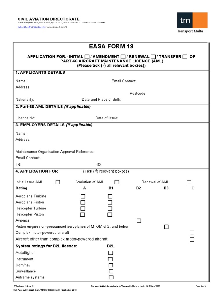 Easa Form 19 - TM - Cad.002 - Issue 8 - September 2019 | PDF ...