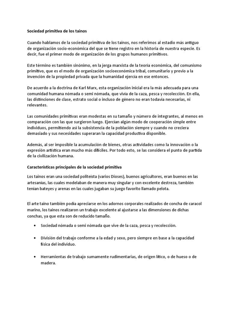 HUM 160. Sociedad Primitiva de Los Tainos y Caracteristicas | PDF ...