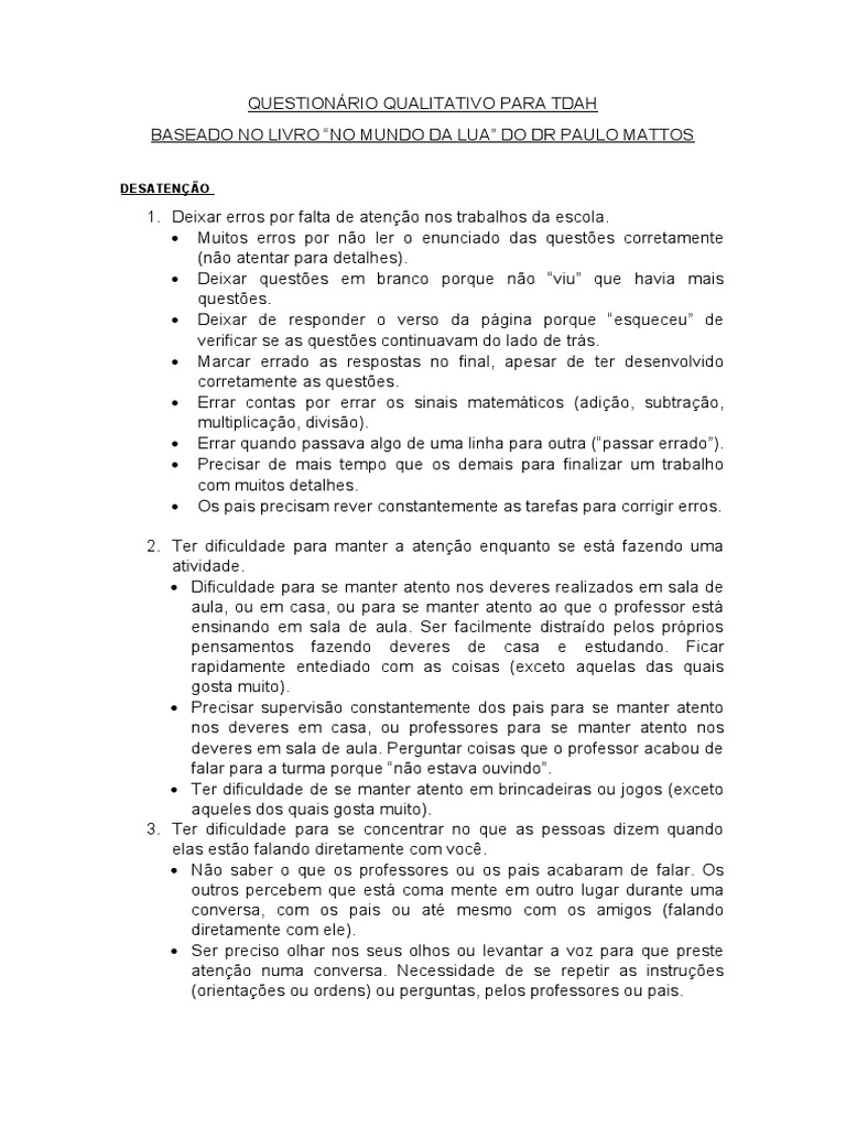 Questionário Qualitativo para Tdah | PDF | Transtorno de déficit de ...
