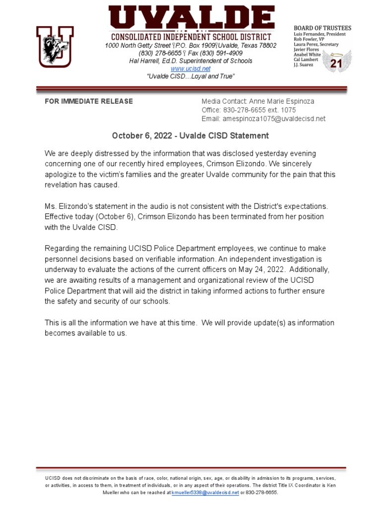 Uvalde CISD Employee Termination Statement | PDF