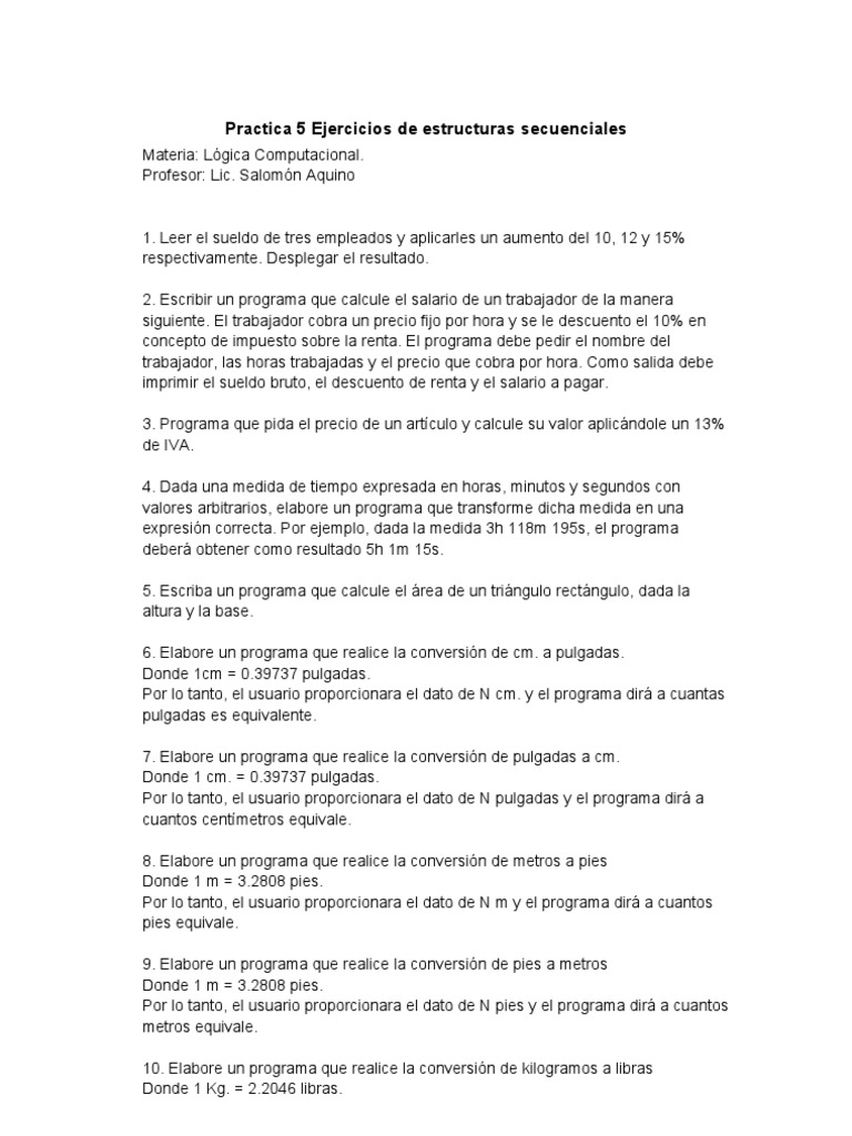 Practica 5 Ejercicios de Estructuras Secuenciales | PDF