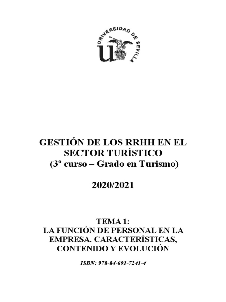Grado Turismo Tema 1 Grh. La Funcion de Personal en La Empresa. Caracteristicas Contenido y ...