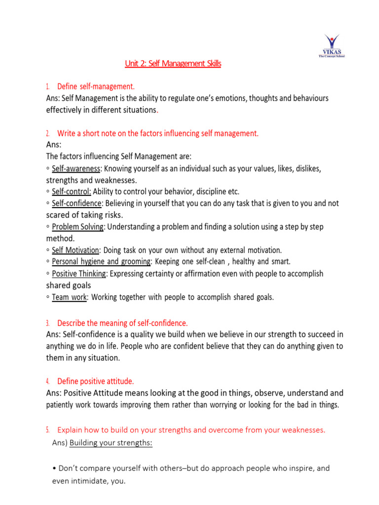 Unit 2: Self Management Skills 1. Define Self-Management. - 2. Write A ...