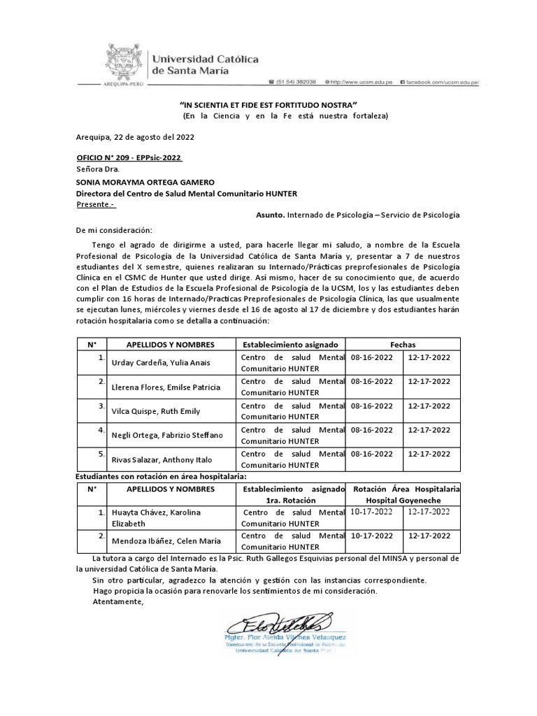Oficio Nº209-EPPsi. 2022 - Internado Psicologia UCSM en CSMC Hunter ...