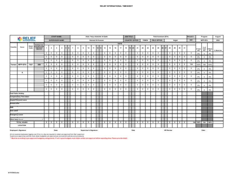 August 2022 - Timesheet | PDF | Employee Relations | Business Law