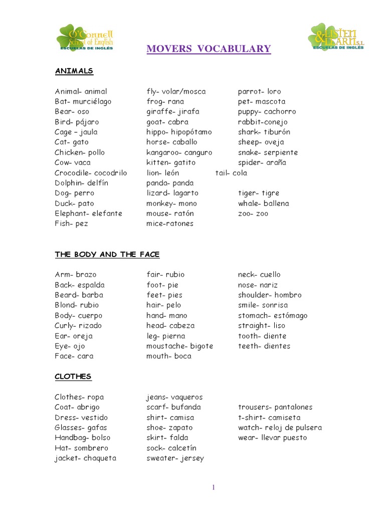 Movers Vocabulary | PDF