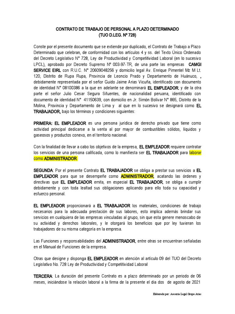 Contrato de Trabajo L A Plazo Determinado - Julio Segura | PDF | Derecho laboral | Salario