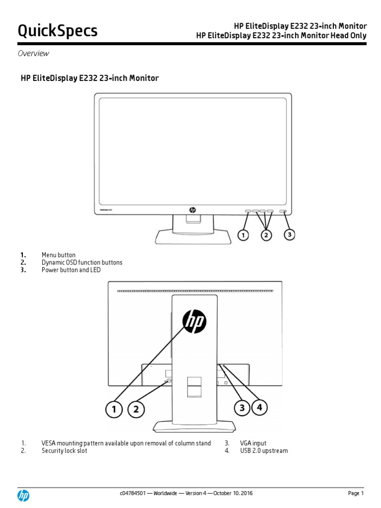 Monitor HP EliteDisplay E232 23P (2016) | PDF | Computer Monitor | Hdmi