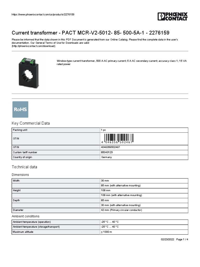 Current Transformer - PACT MCR-V2-5012-85 - 500-5A-1 - 2276159 | PDF ...