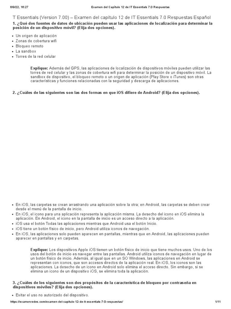 Examen Del Capítulo 12 de IT Essentials 7.0 Respuestas | PDF | Ios | Android (sistema operativo)