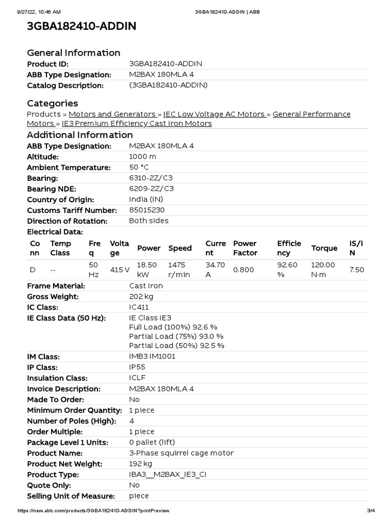 ABB M2BAX 180MLA 4 Motor Specs | PDF | Electric Motor | Electrical ...
