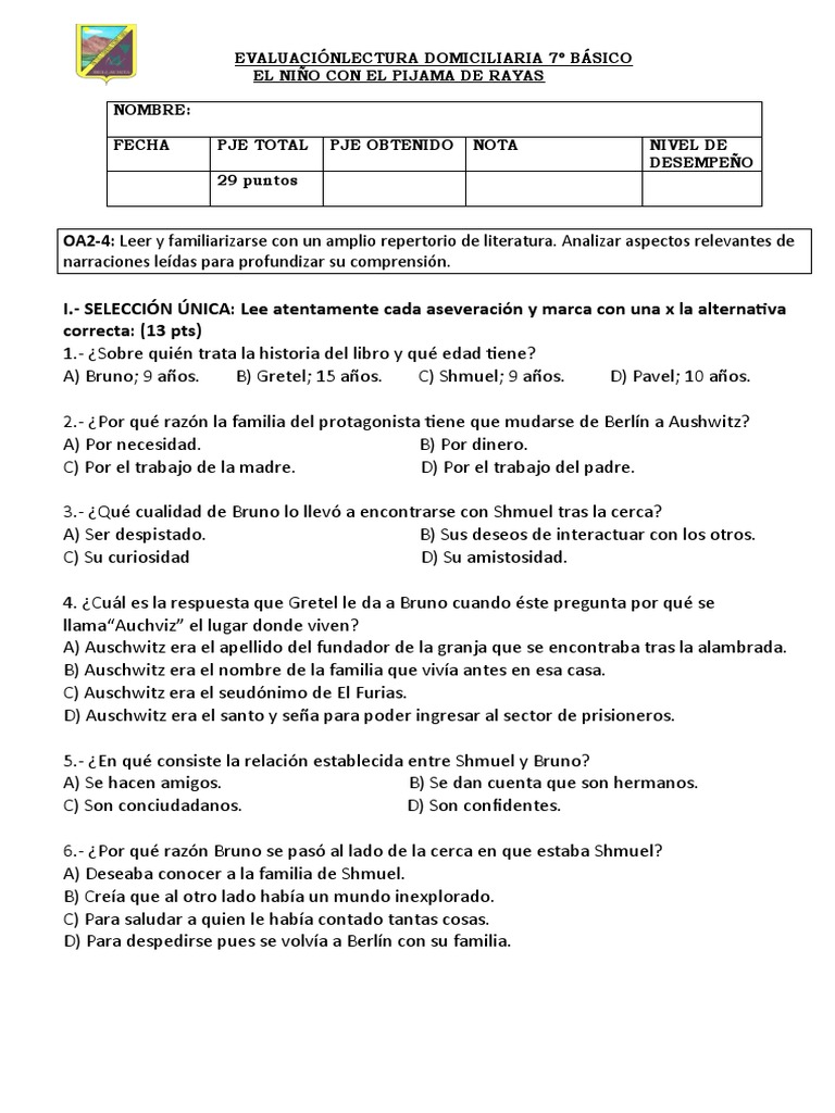 Prueba 7º Básico El Niño Con La Pijama de Rayas | PDF
