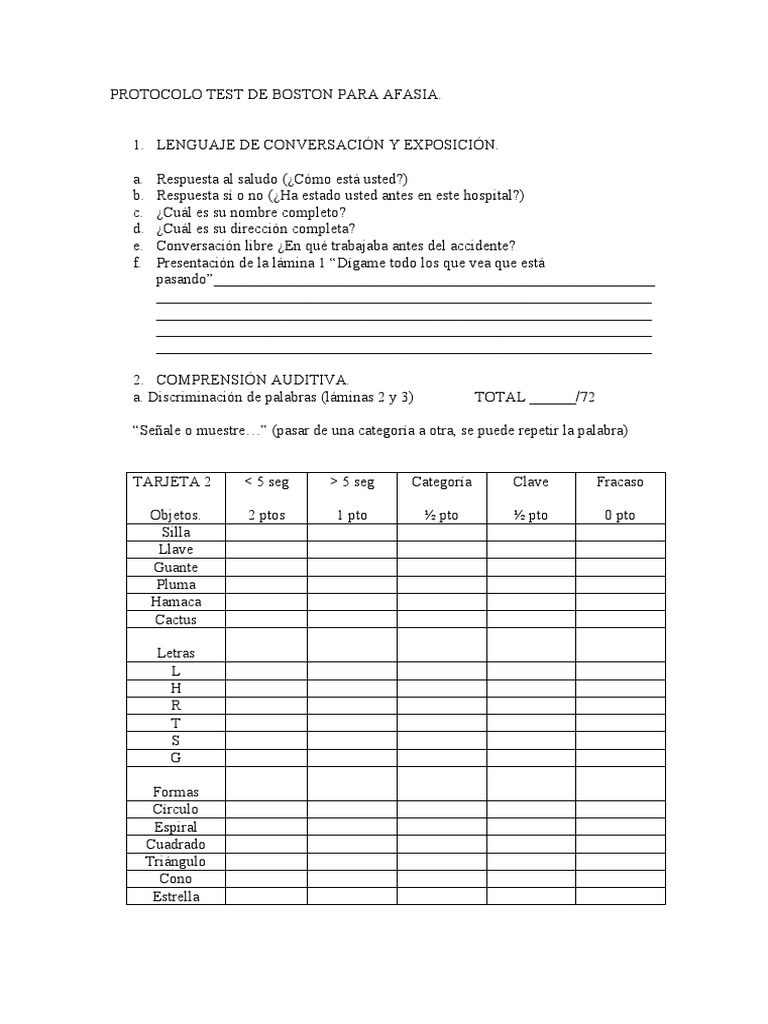 Protocolo Test de Boston para Afasia | PDF