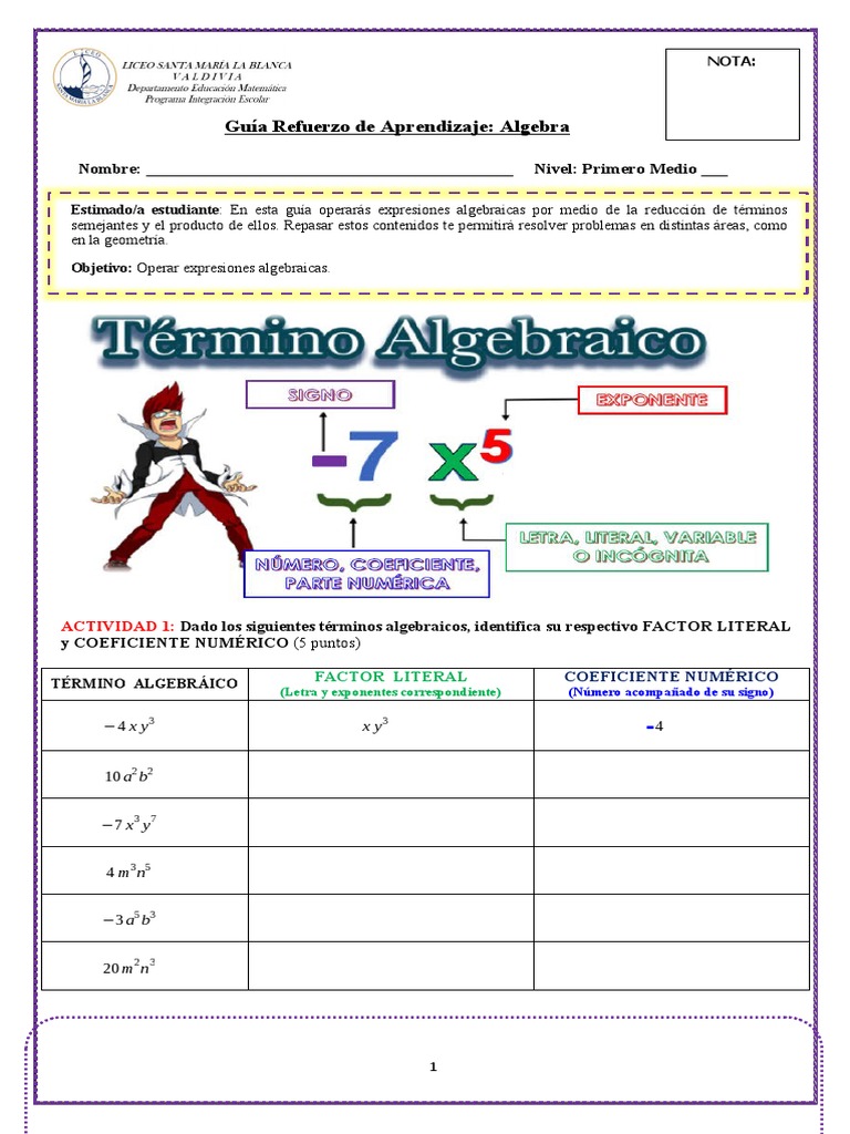 Guia Reforzamiento Algebra Pie | PDF | Fórmula | Álgebra