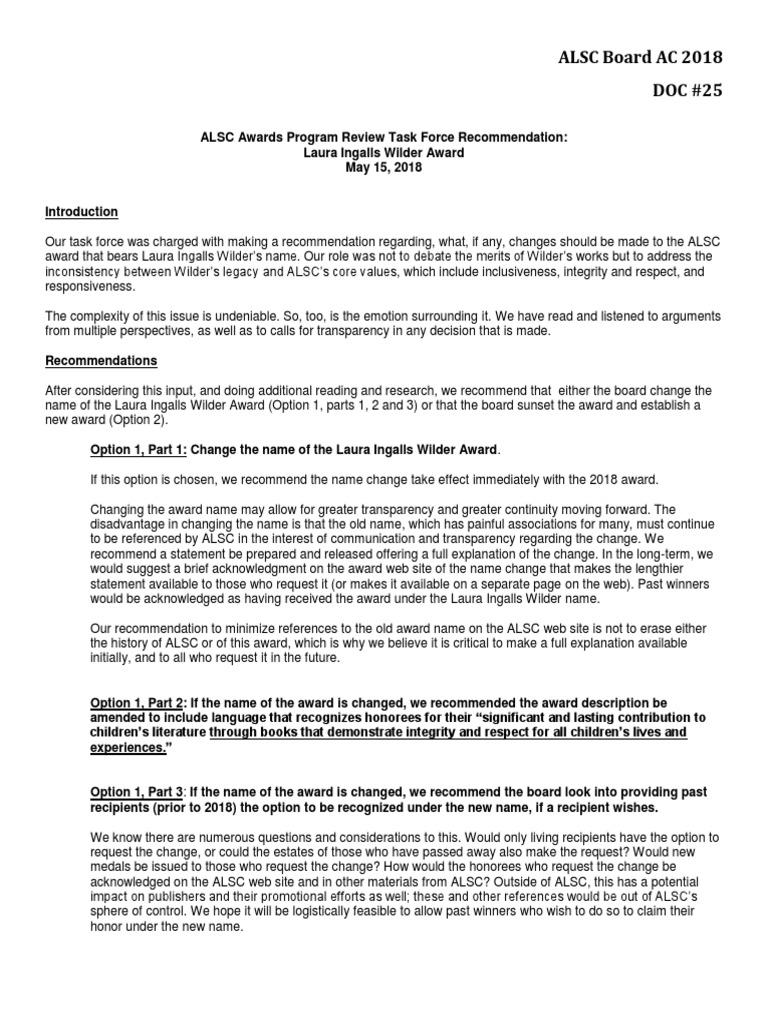 25 Award Program Review Task Force Wilder Award Recommendation ...