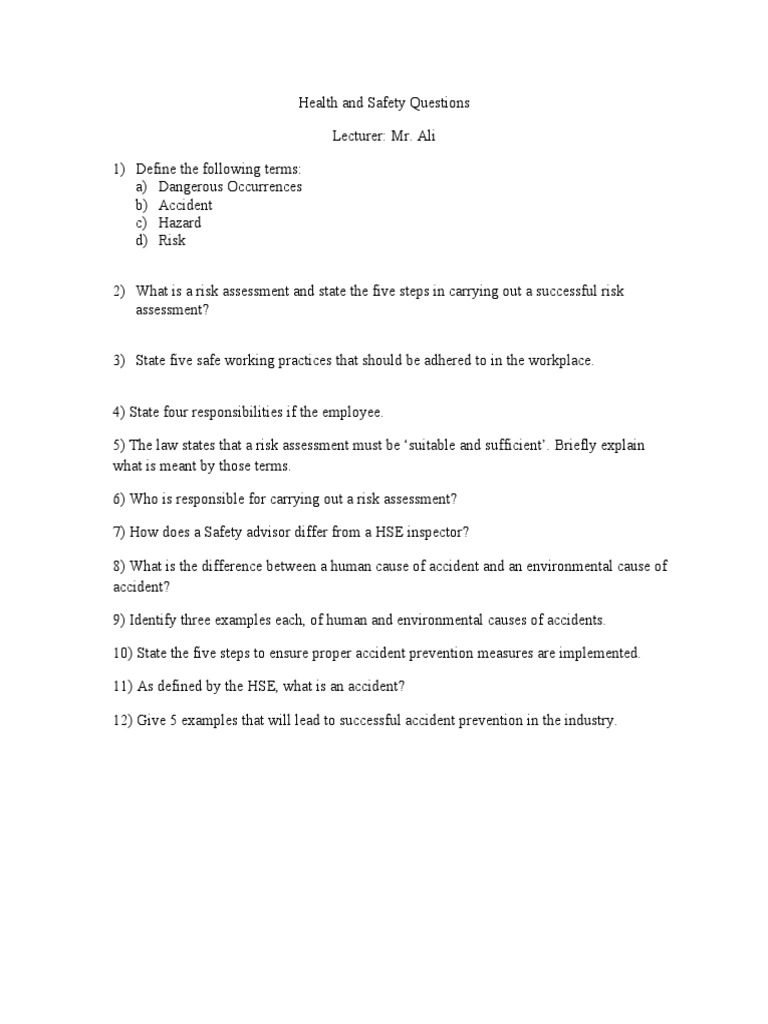 Health and Saftey Questions 2 | PDF