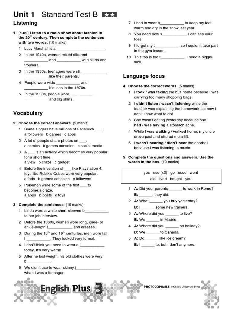 Unit 1 Standard Test B | PDF