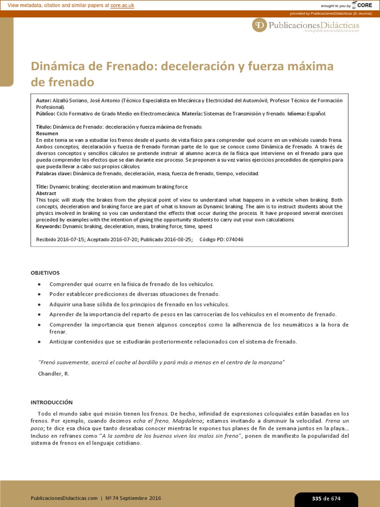 In Mica de Frenado Deceleración y Fuerza M Xima de Frenado: Objetivos | PDF | Fuerza | Fricción