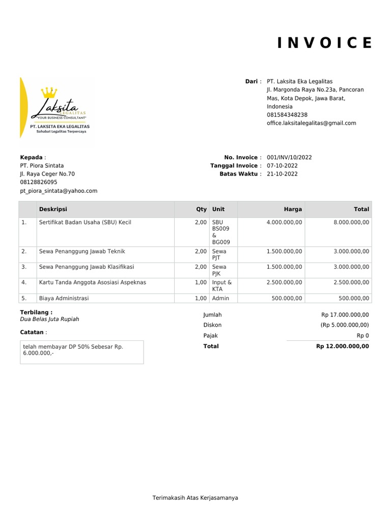 Invoice PT. Laksita Eka Legalitas | PDF