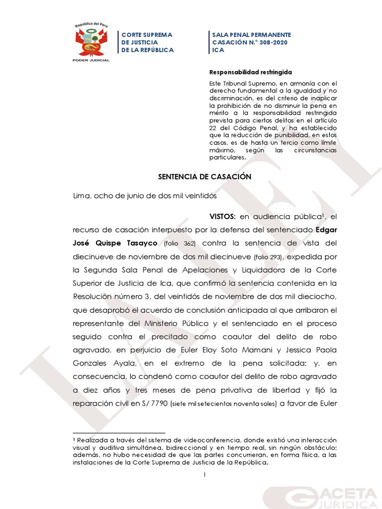 Casación N. 308-2020-Ica - Laley - Pe | PDF | Derecho penal | Caso de ley Casación N. 308-2020-Ica - Laley - Pe | PDF | Derecho penal | Caso de ley