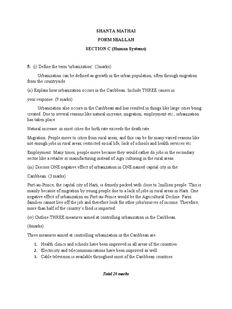 CSEC Question - Urbanisation | PDF | Social Science