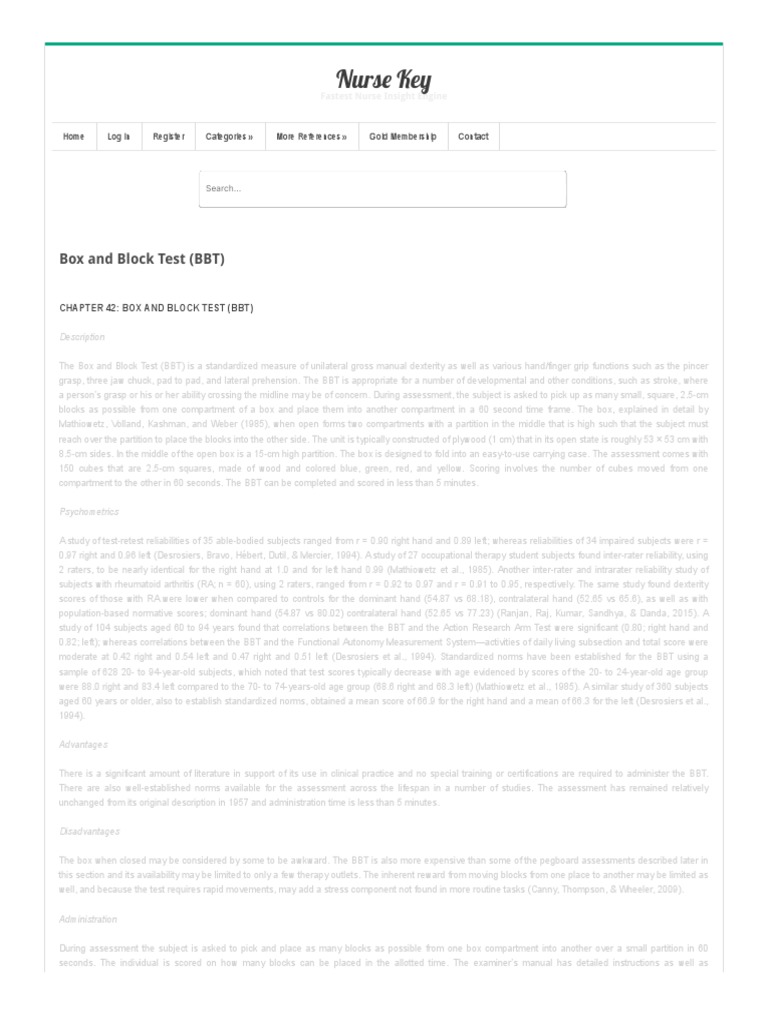 Box and Block Test (BBT) - Nurse Key | PDF | Neuroscience | Clinical ...