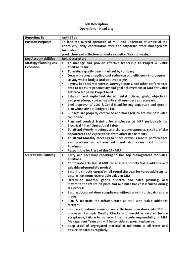 Job Description - Plant Head | PDF | Economies | Leadership