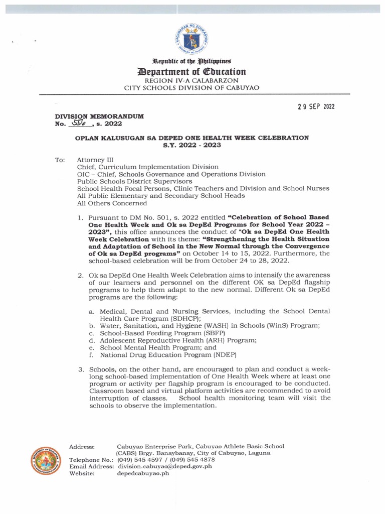 Division Memorandum 556 s.2022 Oplan Kalusugan Sa DepEd One Health Week ...