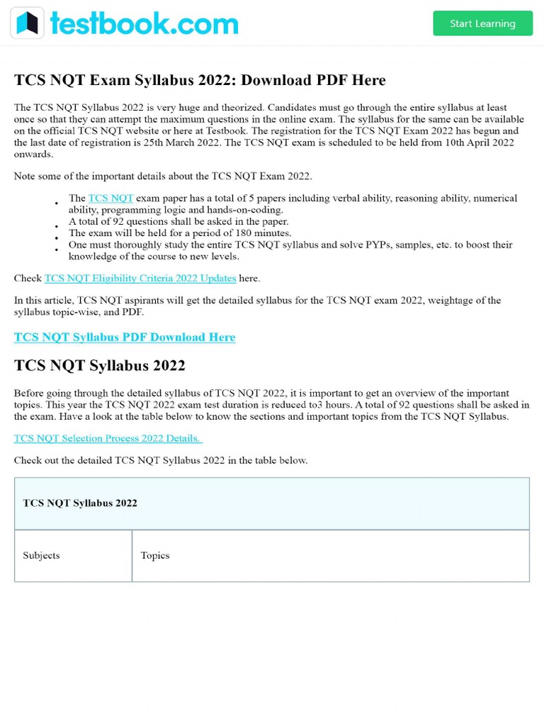 TCS NQT Exam Syllabus 2022 - Download PDF Here | PDF