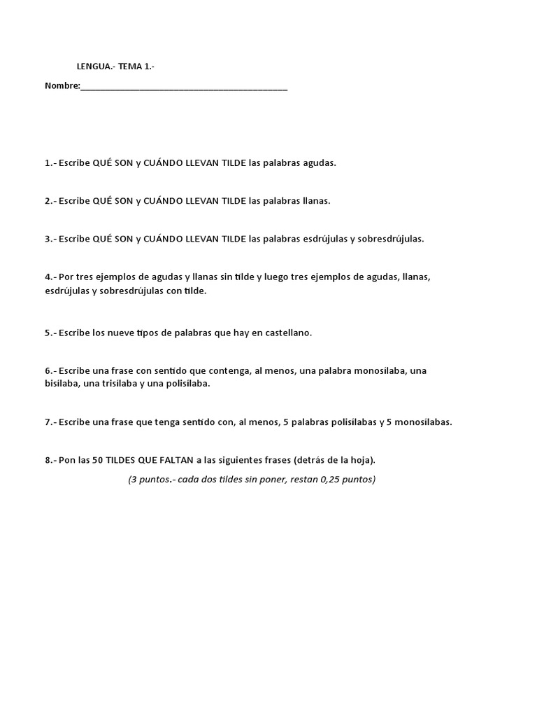 Examen Tildes y Tipos de Palabras | PDF