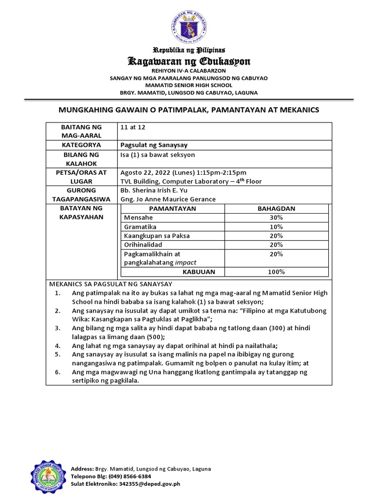 Panuntunan At Pamantayan Sa Bawat Patimpalak Pdf