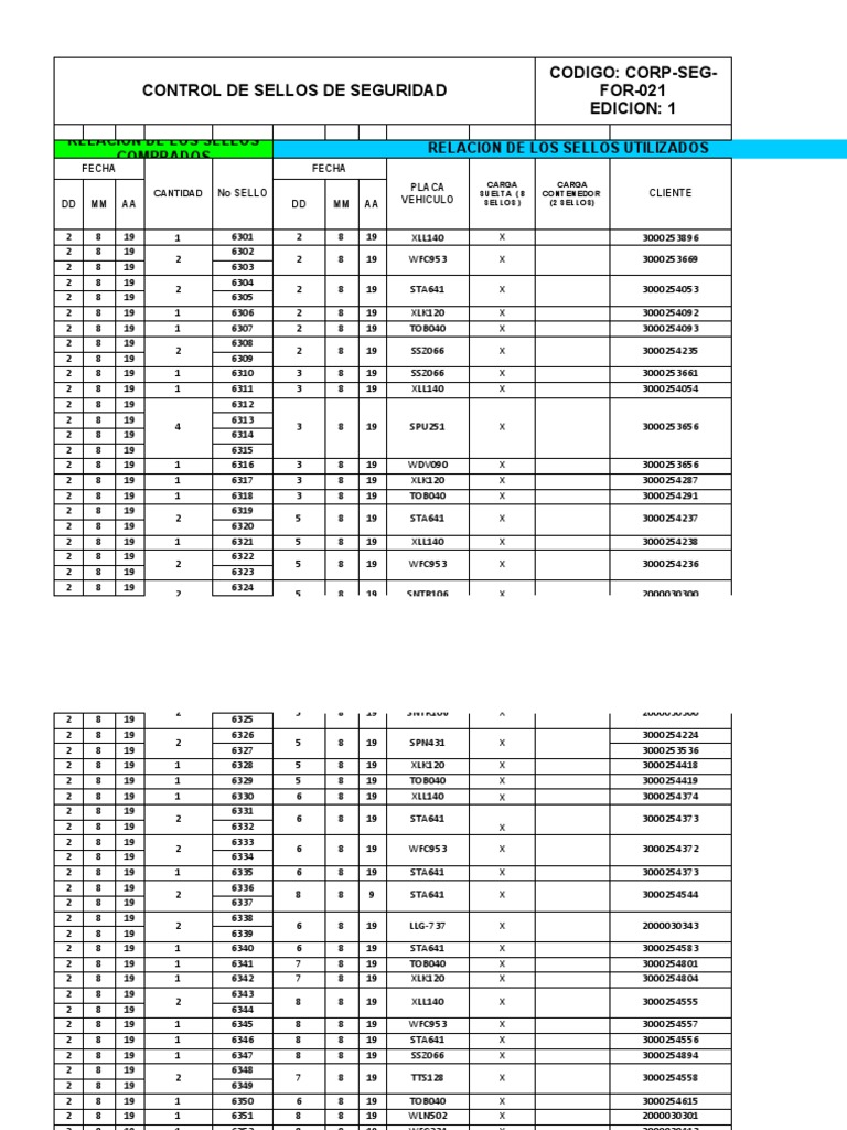 Formato Control Sellos Seguridad 6301 Al 6400 | PDF