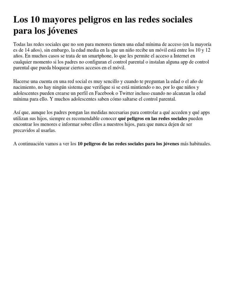 Los 10 Mayores Peligros en Las Redes Sociales para Los Jóvenes | PDF | Salud y bienestar